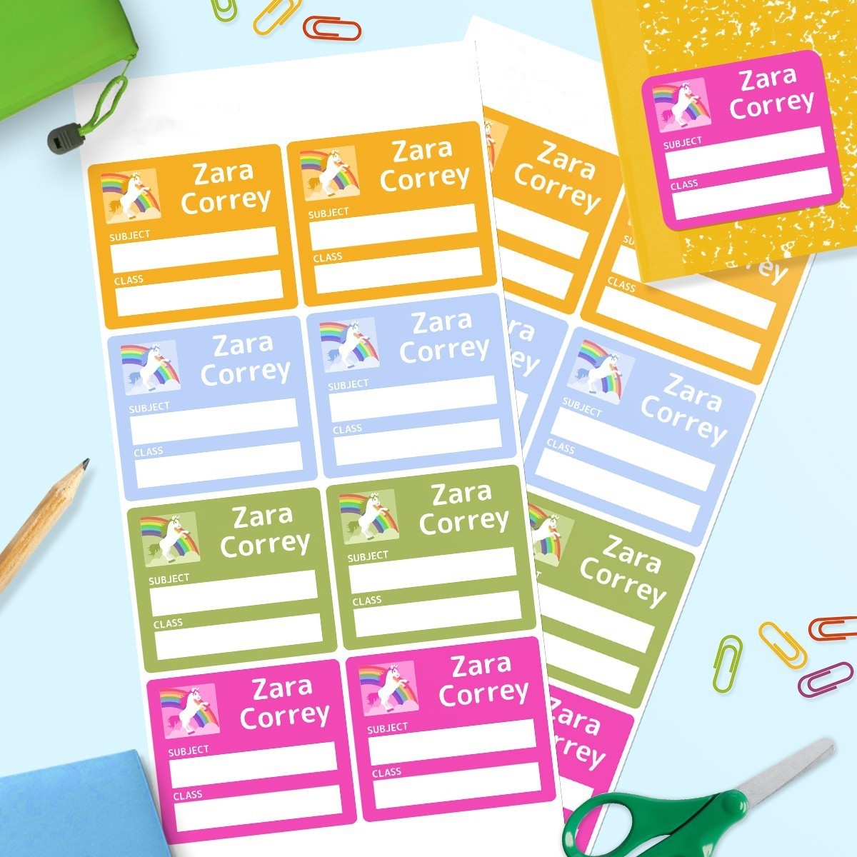 Rainbow Unicorn School Book Labels - CustomiseMe by Harvey Norman